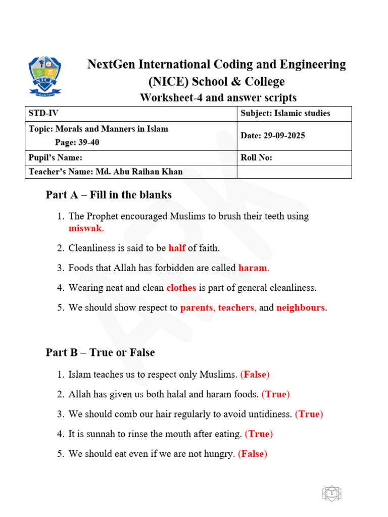 Worksheet-4 and Answer Scripts 29-09-2025 | PDF | Islamic Ethics ...