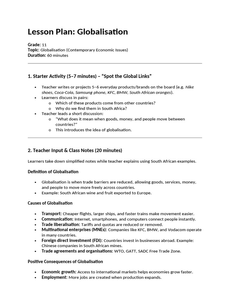 Grade 11 Globalisation Lesson Plan | PDF | Globalization | Developing ...