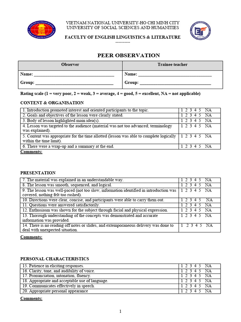 Peer Observation Evaluation Form | PDF | Nonverbal Communication ...