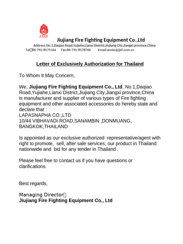 Exclusive Authorization for Thailand Agent | PDF