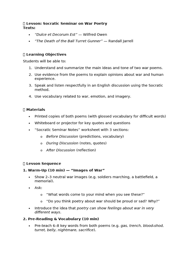 Socratic Seminar on War Poetry Analysis | PDF | Poetry | Vocabulary
