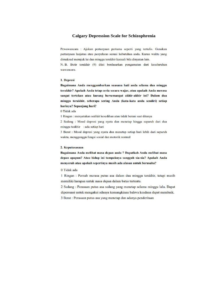 Calgary Depression Scale For Schizophrenia CDSS | PDF