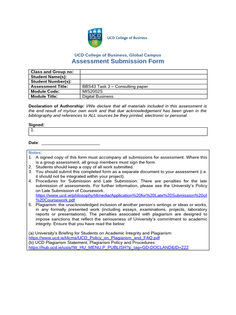 UCD Business Consulting Paper Submission | PDF | Plagiarism ...