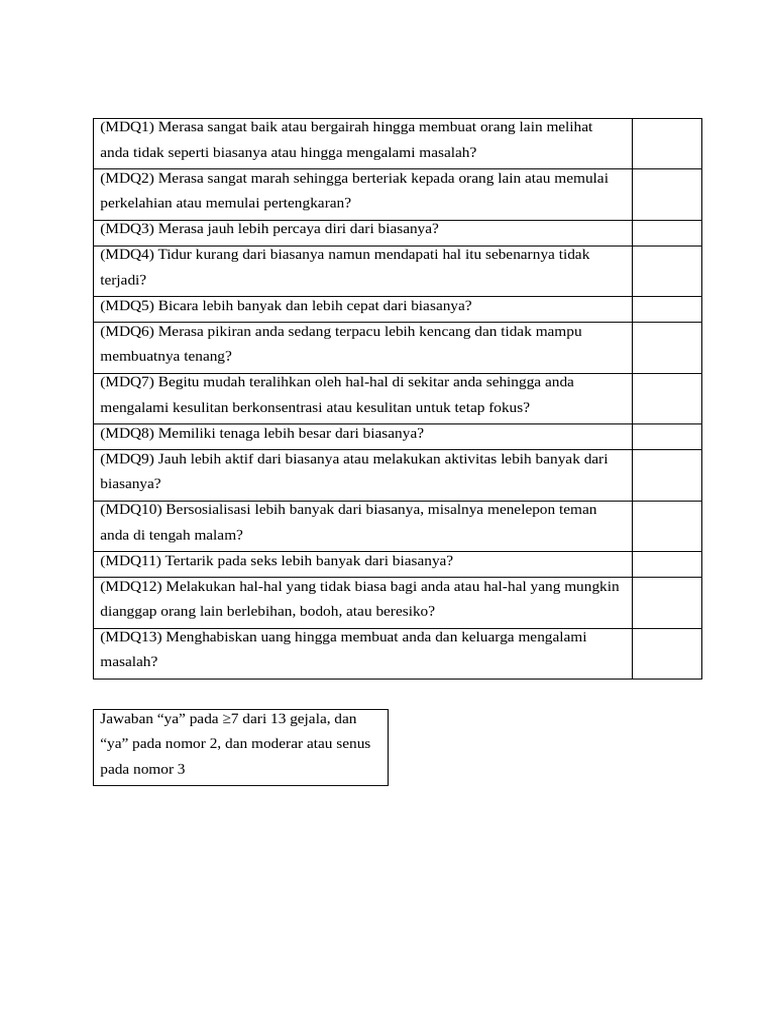 MDQ Mood Disorder Questionnaire | PDF
