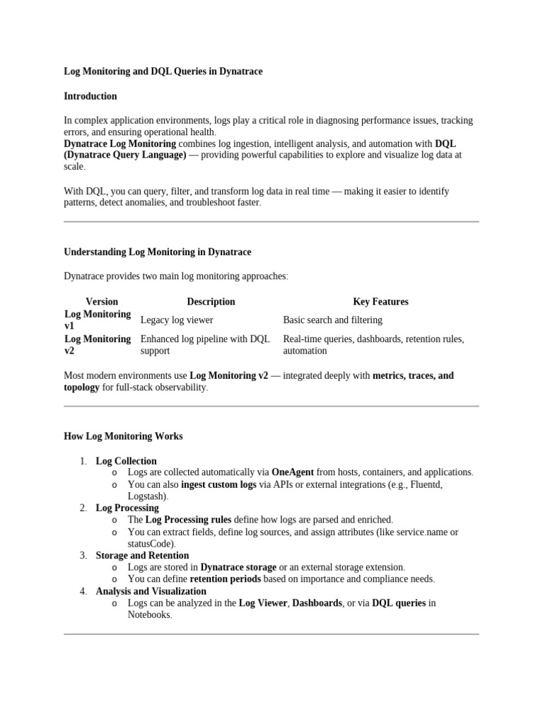 Log Monitoring and DQL Queries in Dynatrace | PDF | Data Management ...