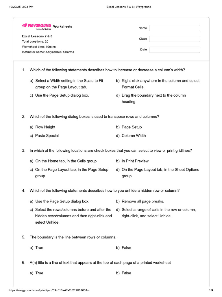 Excel Lessons 7 & 8 - Wayground | PDF | Microsoft Excel | Worksheet