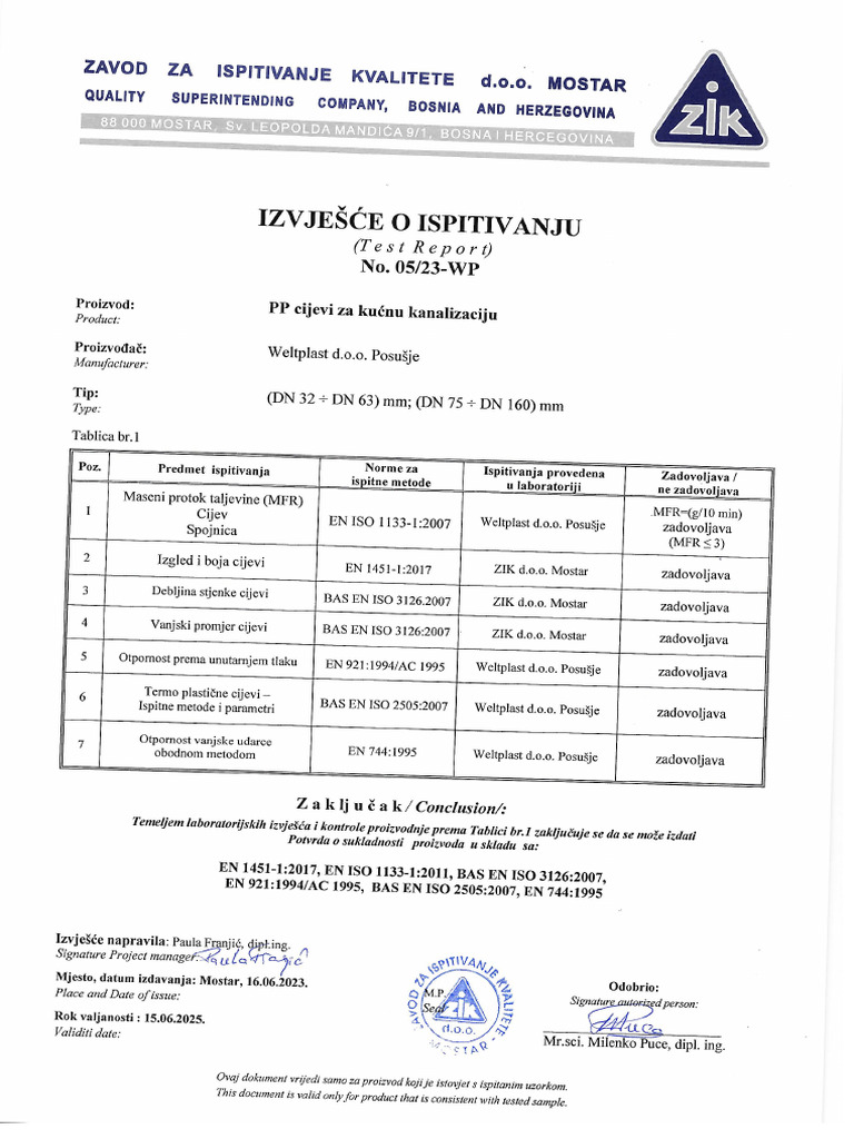 I-05-23-WP Izvješće o Ispitivanju PP Cijevi Za Kućnu Kanalizaciju | PDF