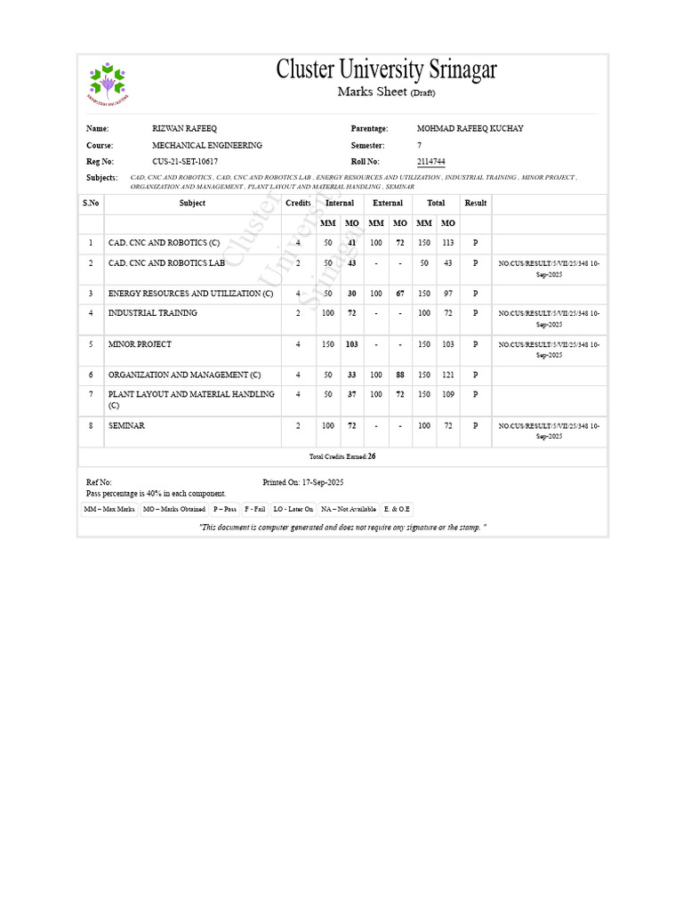 Semester Marks Card | PDF | Mechanical Engineering