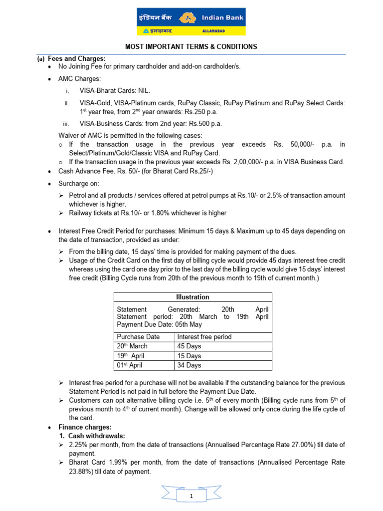 Indian Bank Credit Welcome Kit MITC 20251022 142313 | PDF | Credit Card | Debit Card