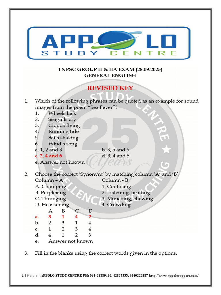 TNPSC Group II & IIA Exam Key 2025 | PDF | Sentence (Linguistics ...