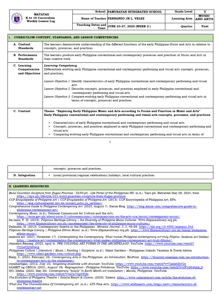 Music and Arts 5 DLL q1 w2 | PDF | Dances | Learning