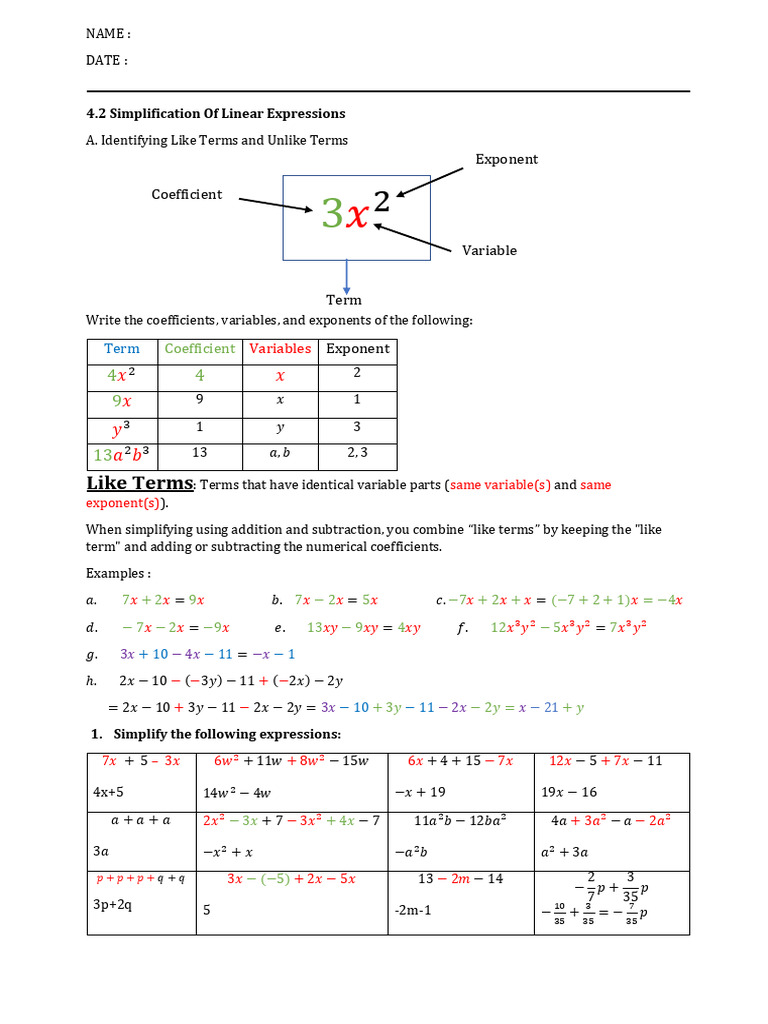 WS. 4.2 (Simplification of Linear Expressions) | PDF | Subtraction ...