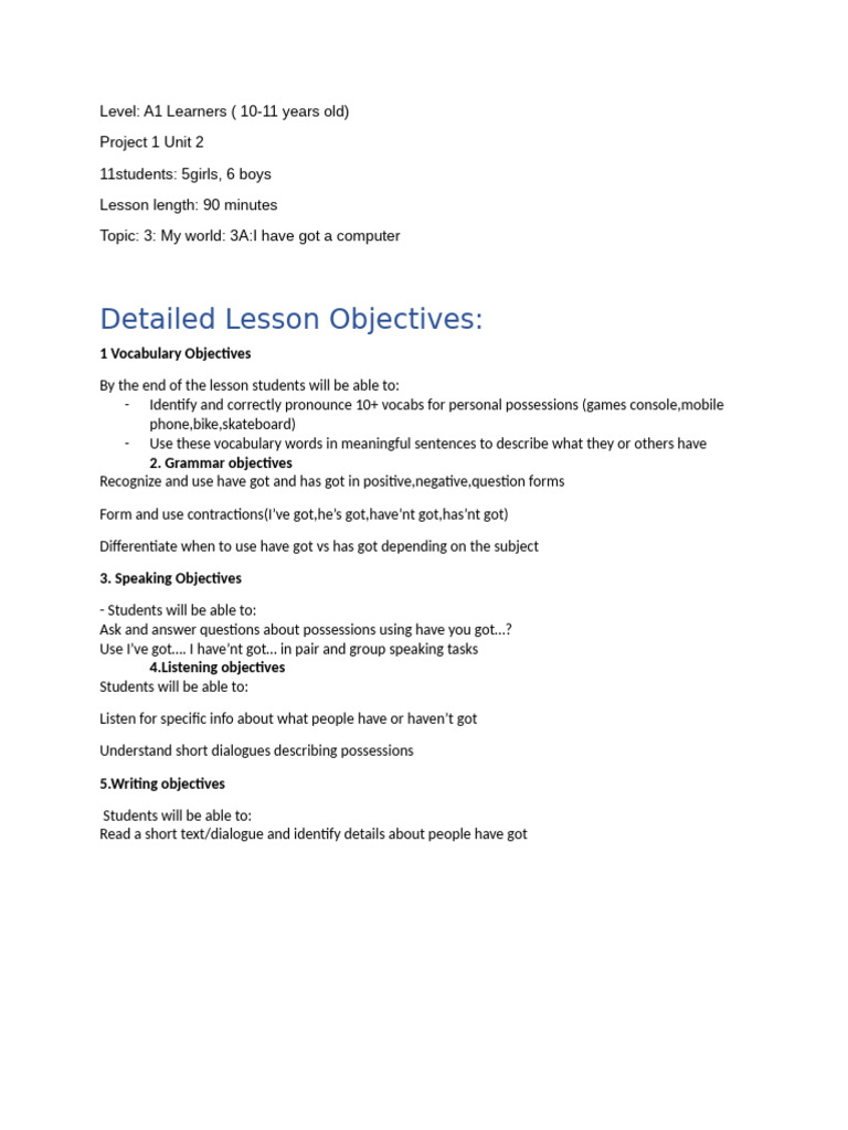 A1 Lesson Plan: My World - Possessions | PDF | Vocabulary | Linguistics