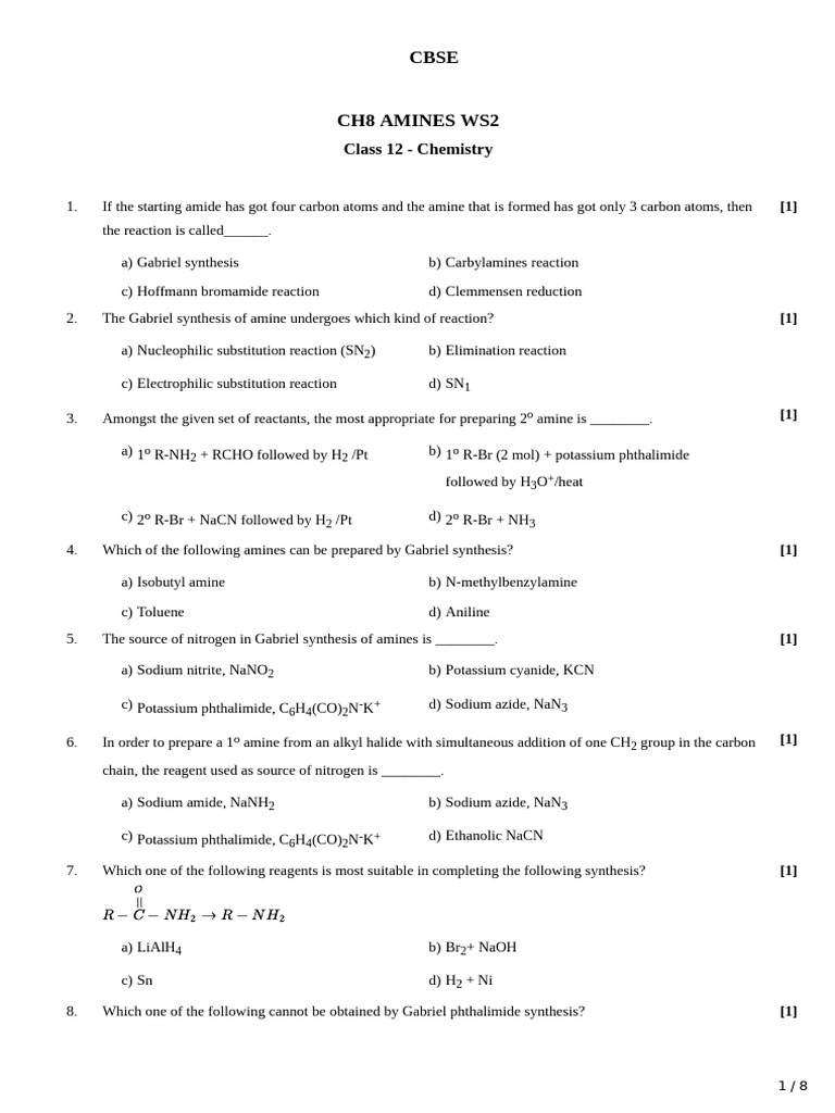 CBSE Class 12 Chemistry: Amines Worksheet | PDF | Amine | Chemical ...
