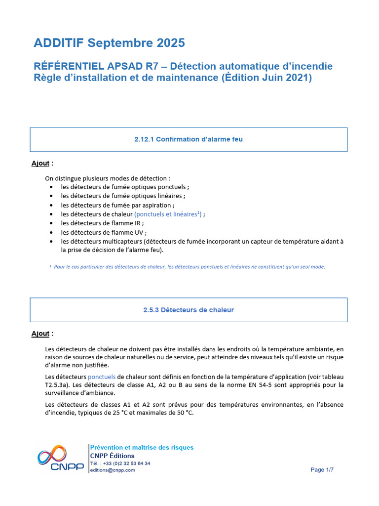 Référentiel APSAD R7 - Détection Incendie | PDF
