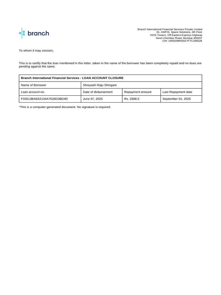 Loan Account Closure Certificate | PDF