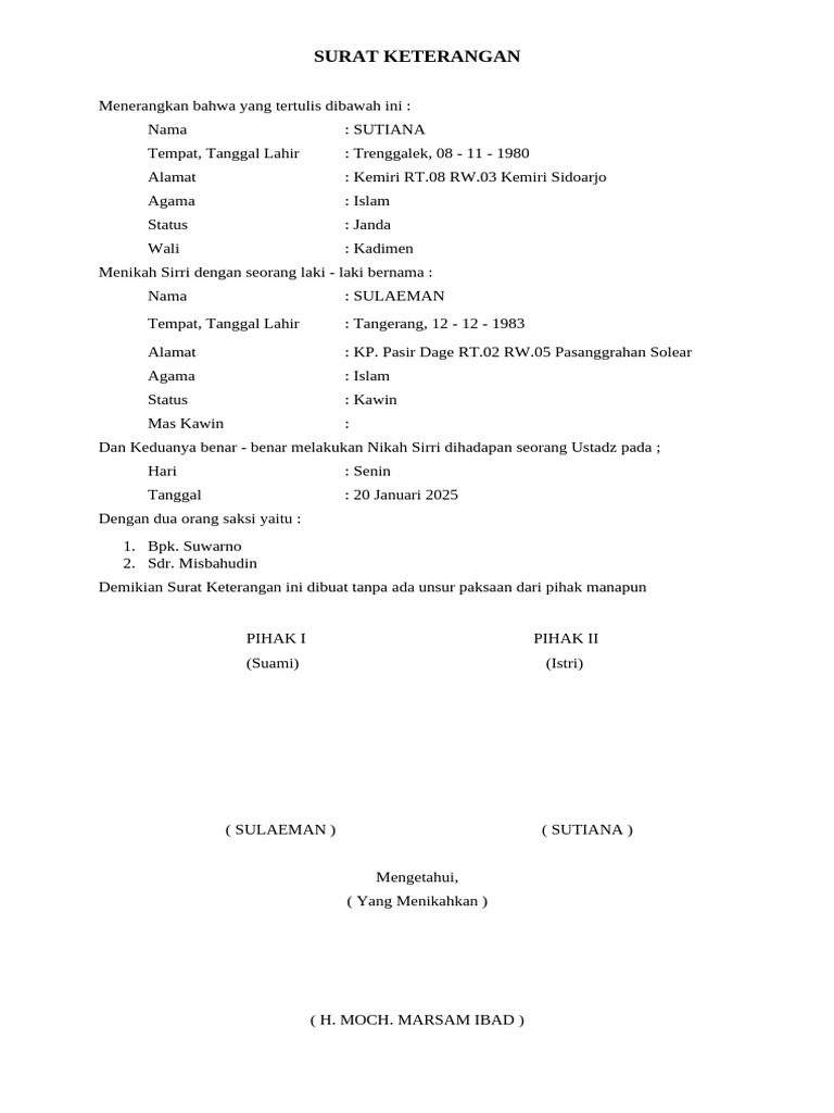 Surat Keterangan Nikah Sirri 2023-2025 | PDF