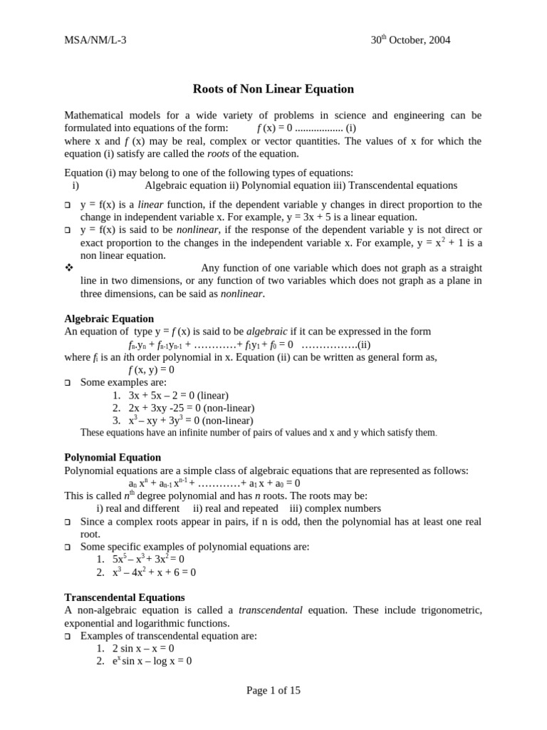 Roots of Nonlinear Equations Explained | PDF | Equations | Nonlinear System