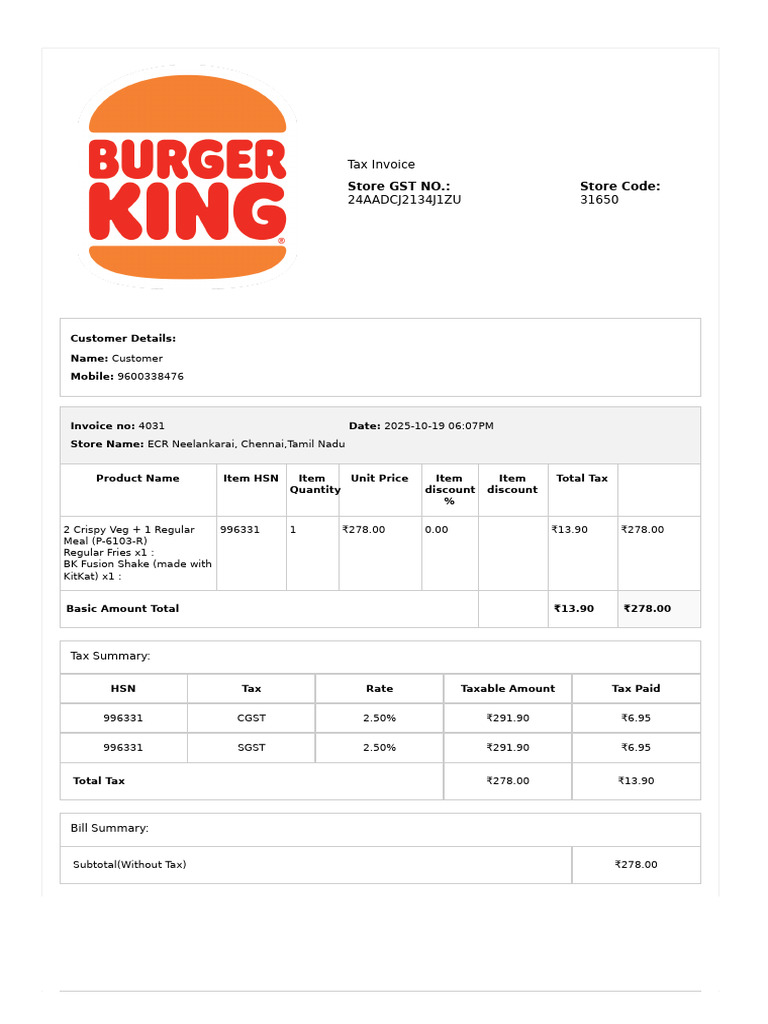 Burgerking Receipt 4031 | PDF