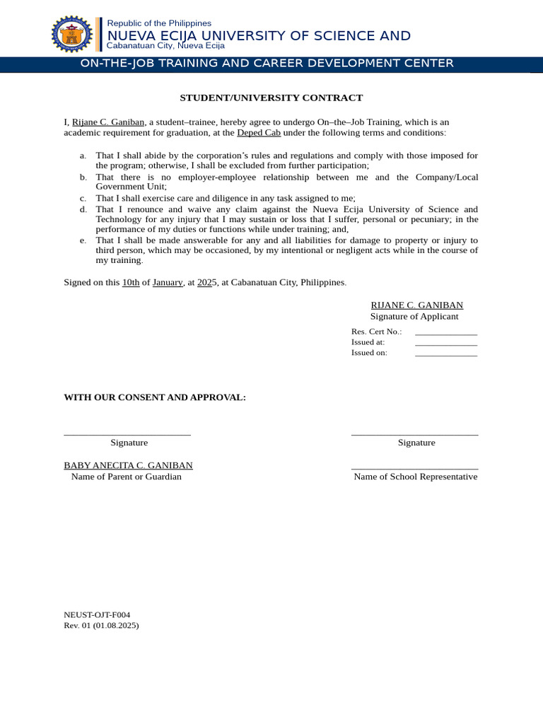 NEUST OJT F004 Student University Contract 3 | PDF