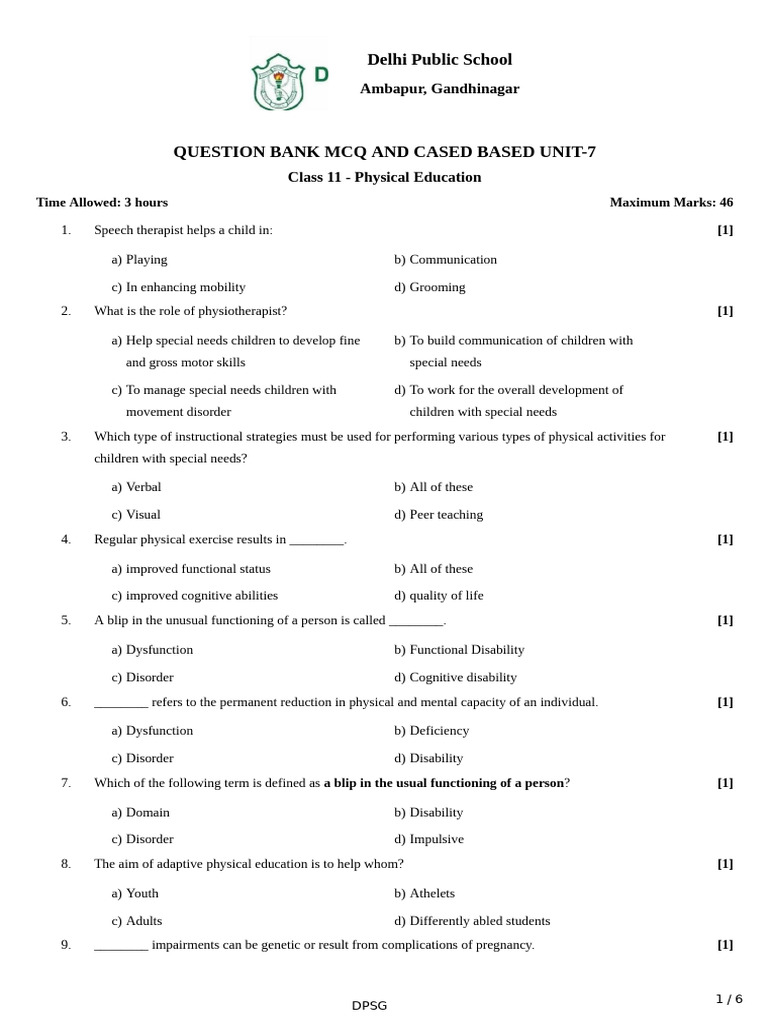 Class 11 Physical Education MCQ Question Bank | PDF | Physical Therapy ...