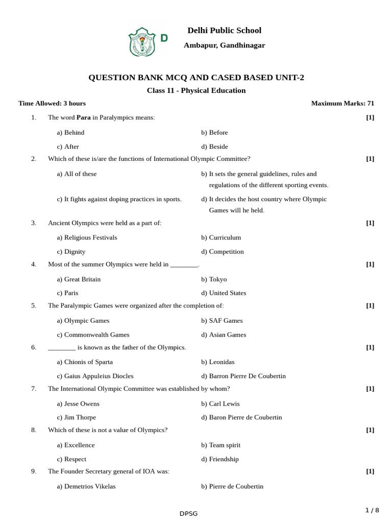 Unit 2 Mcq And Cased Based Pdf International Sports Competitions