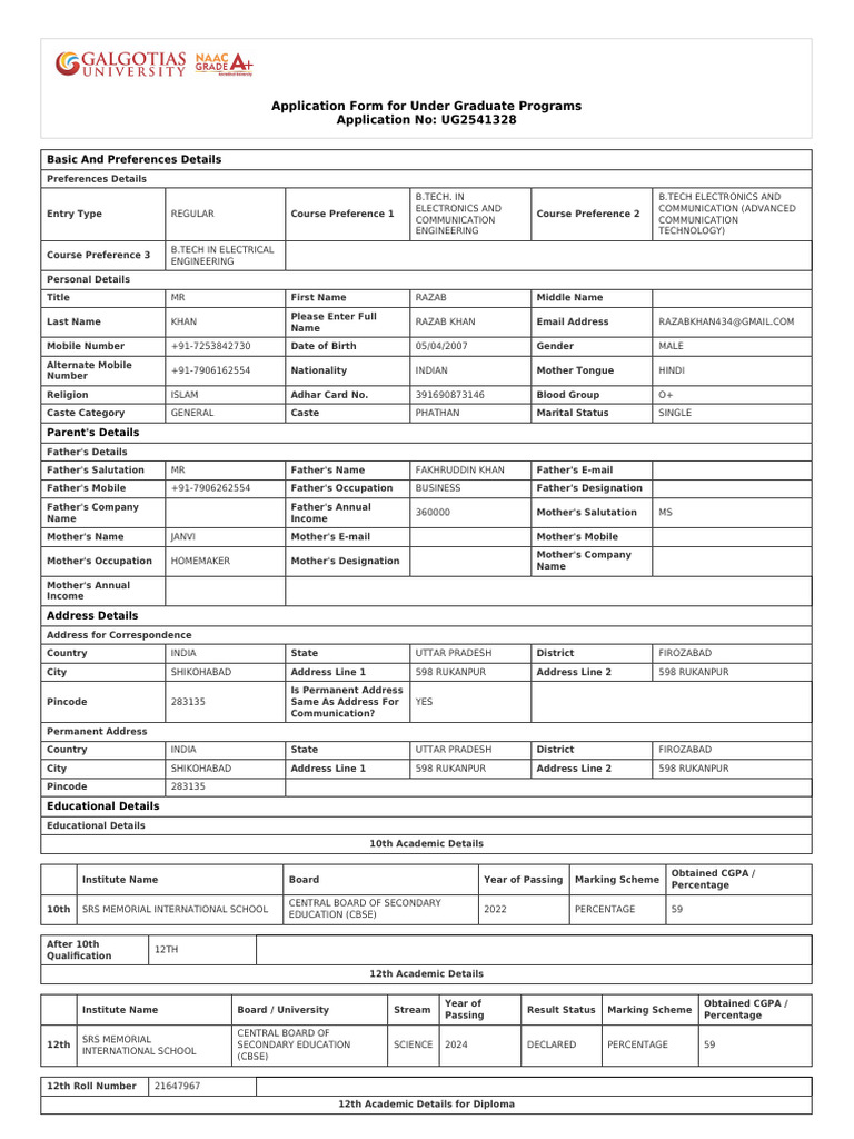 Application Form UG2541328 | PDF | Educational Stages | Qualifications