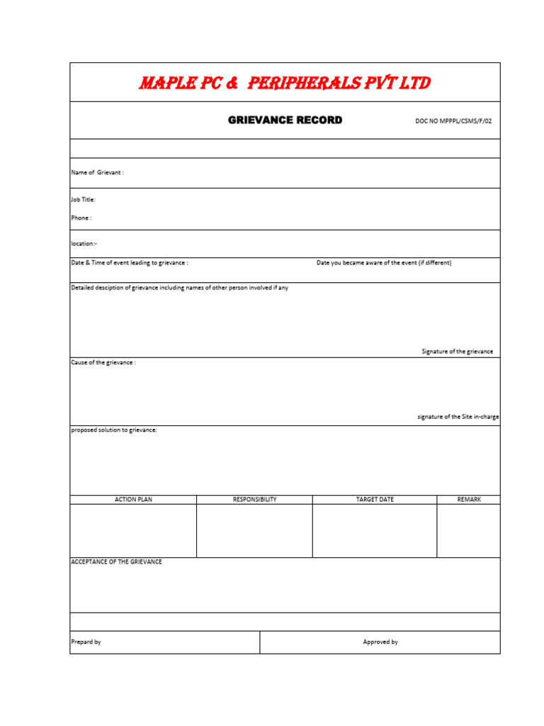 Grievance Format 2 | PDF