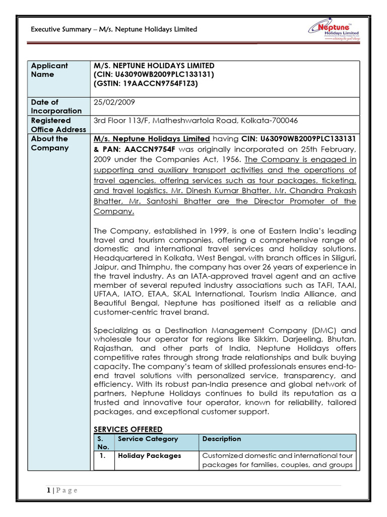 Neptune Holidays - Profile | PDF | Private Sector