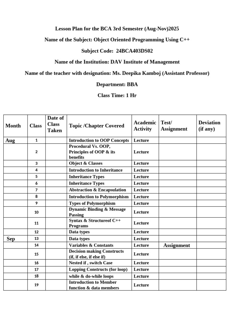 BCA 3rd Semester OOP C++ Lesson Plan | PDF | Class (Computer ...