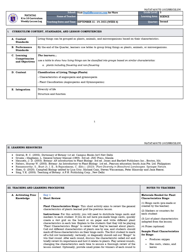 Grade 5 Science Weekly Lesson Plan | PDF | Seed | Flowers