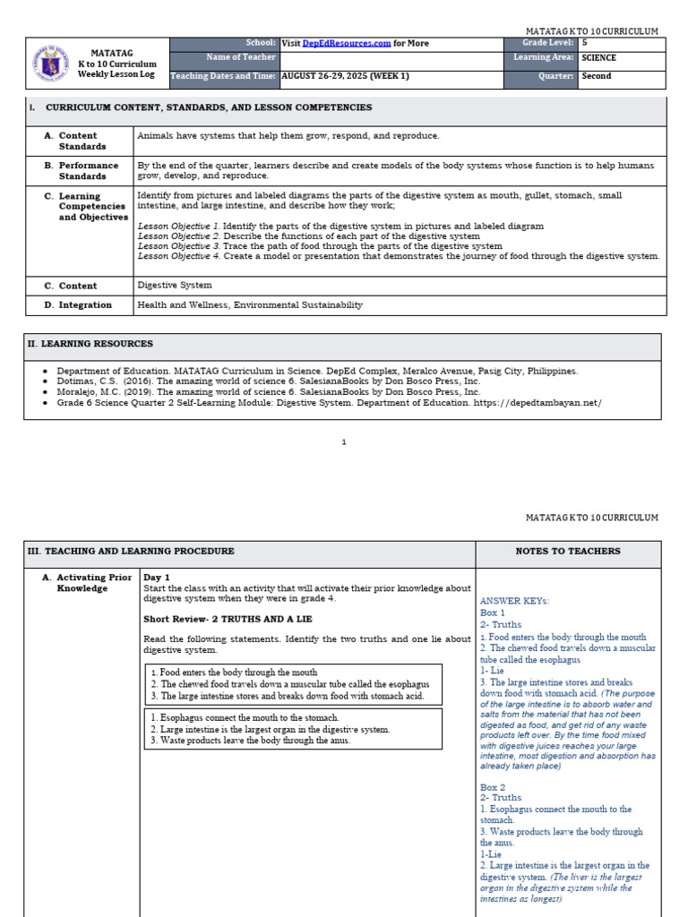 DLL Matatag - Science 5 q2 w1 | PDF | Digestion | Gastrointestinal Tract
