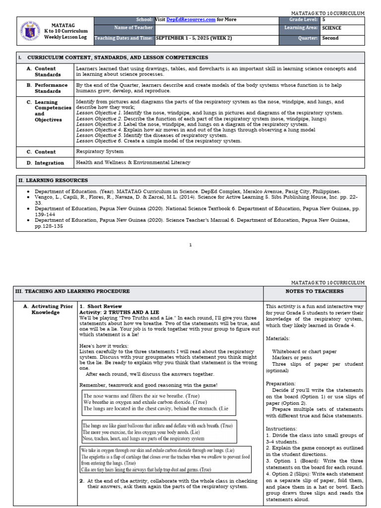 DLL Matatag - Science 5 q2 w2 | PDF | Breathing | Respiratory System