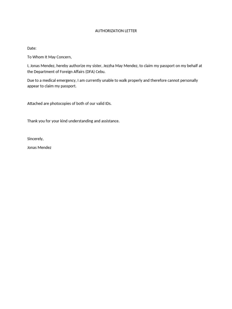 Passport Authorization Letter Template | PDF