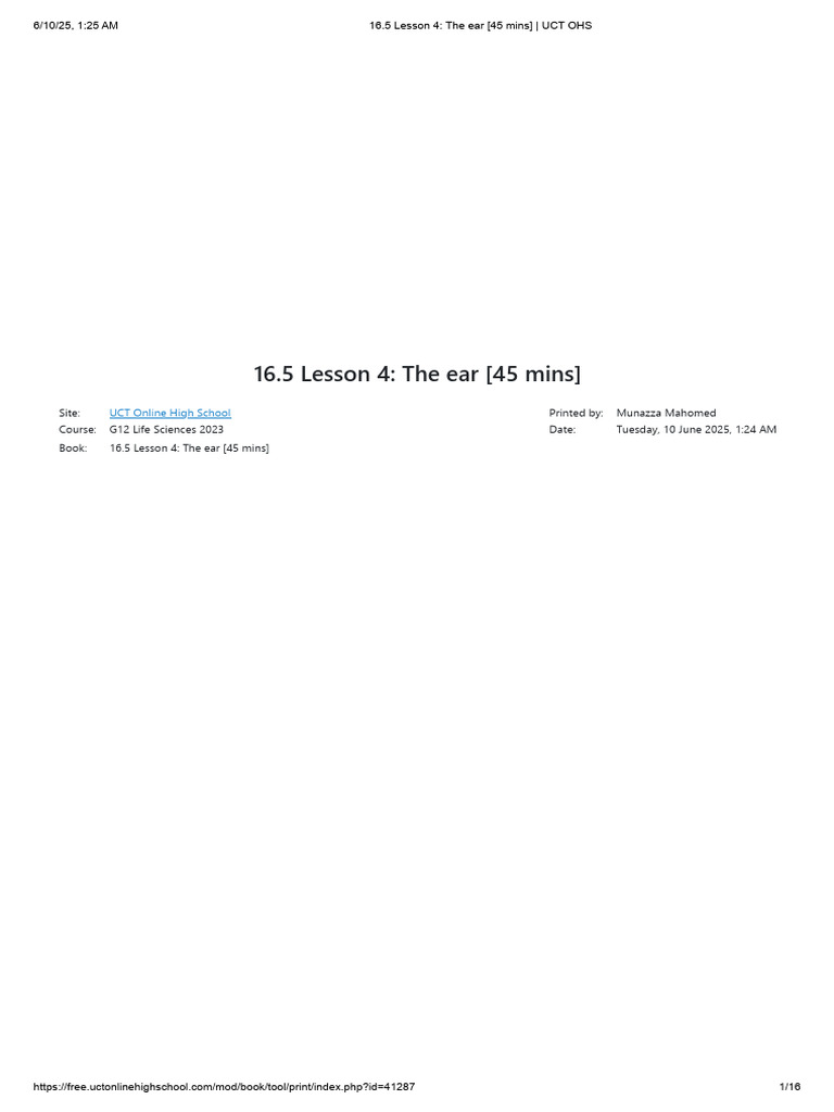 16.5 Lesson 4 - The Ear (45 Mins) - UCT OHS | PDF | Ear | Hearing