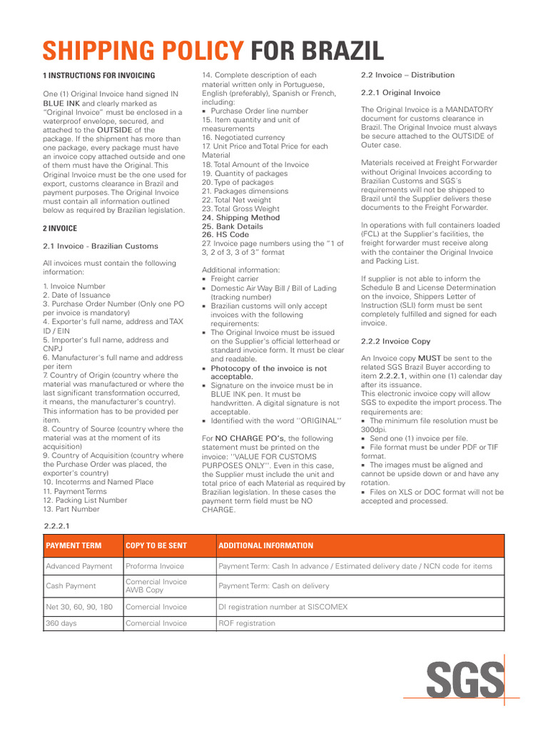 Brazil Shipping Policy and Invoice Guidelines | PDF | Invoice ...