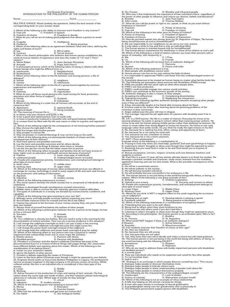 Philosophy of Human Person Exam Questions | PDF | Free Will | Plato