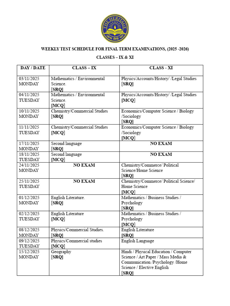 Final Exam Schedule IX & XI 2025-2026 | PDF | Science | Multiple Choice