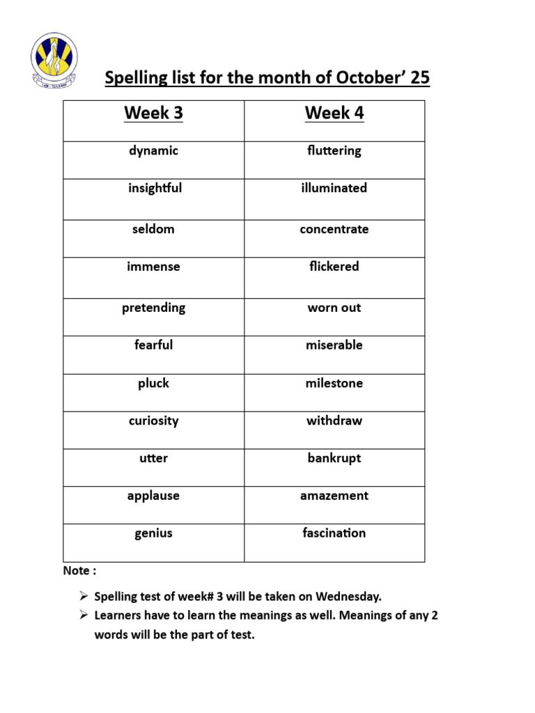 October Spelling Words List | PDF