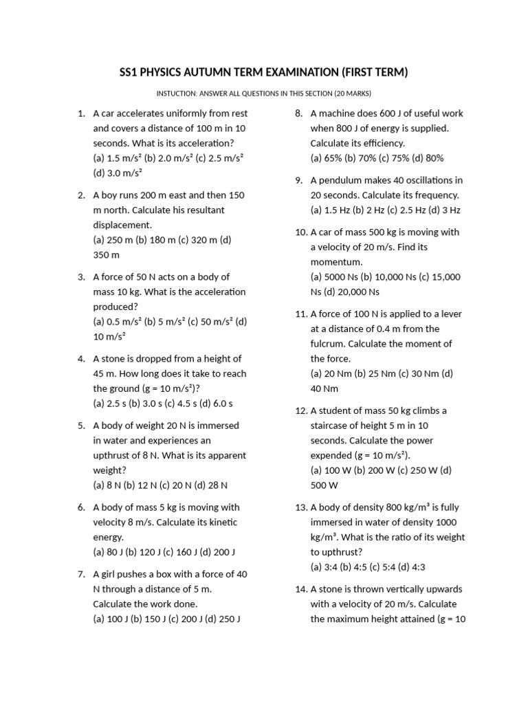 Physics Calculation Questions | PDF | Force | Mass
