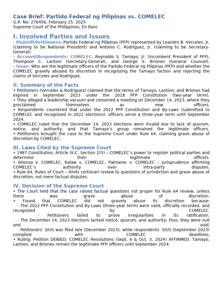 Case Brief PFP Vs Comelec | PDF | Supreme Court Case Law | Justice