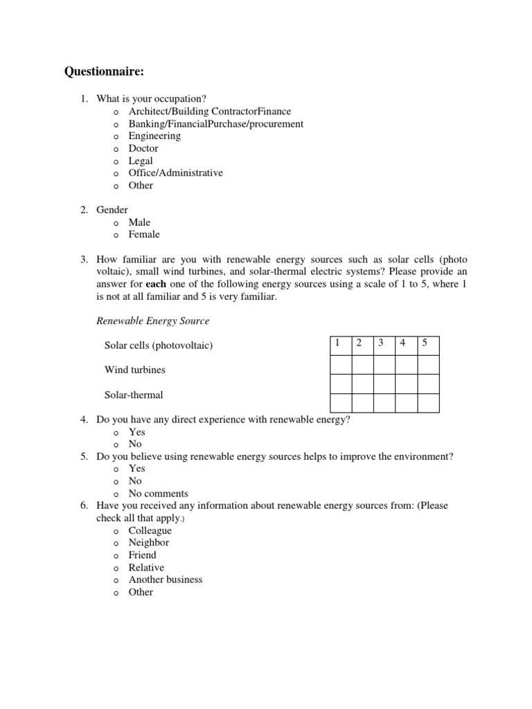 Renewable Energy Questionnaire for Businesses | PDF | Renewable Energy ...