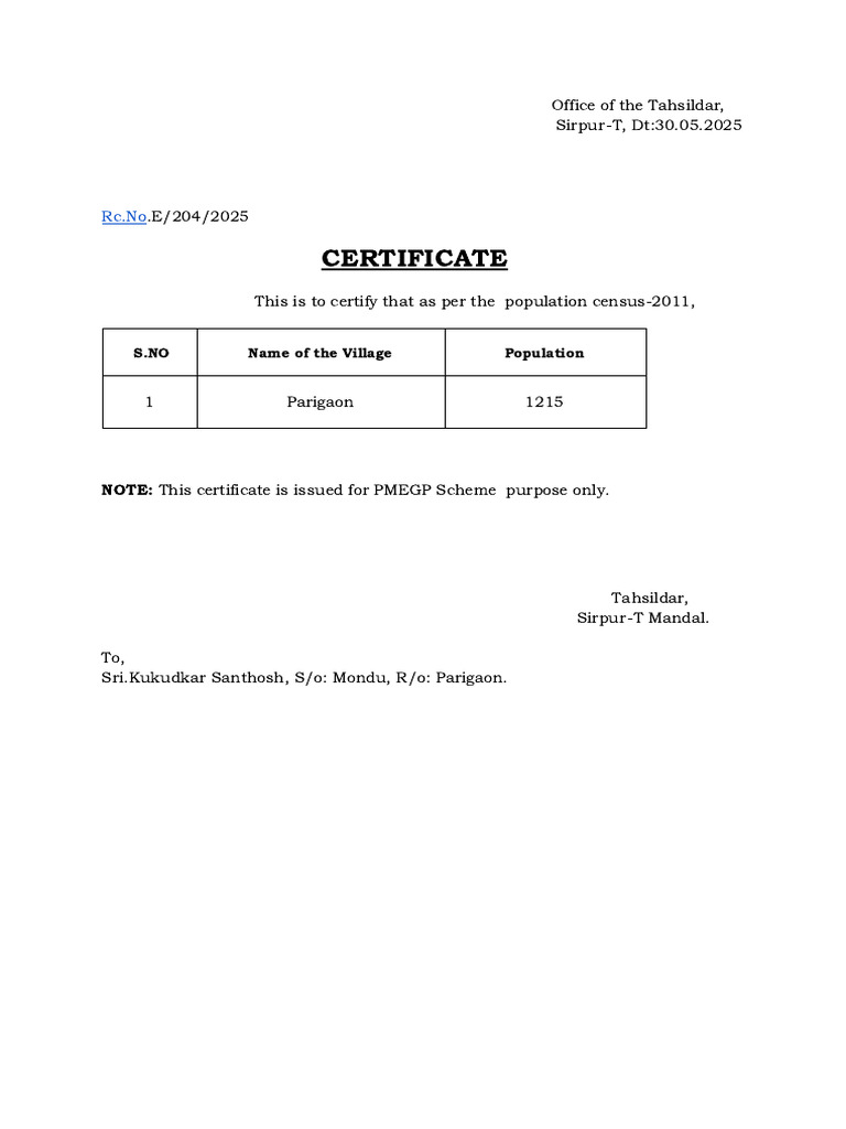 2025 Population Certificate - Kukudkar Santhosh Parigoan | PDF