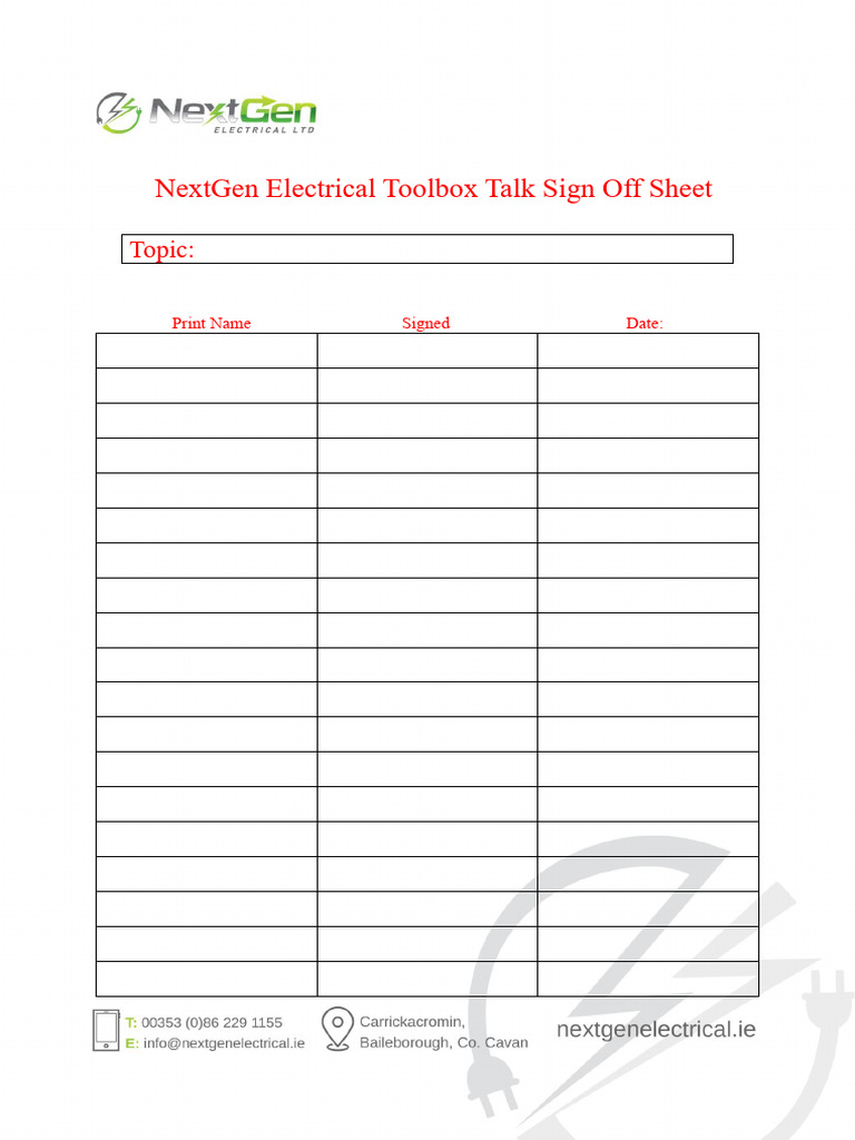NextGen Toolbox Talk Sign Off Sheet 1 | PDF
