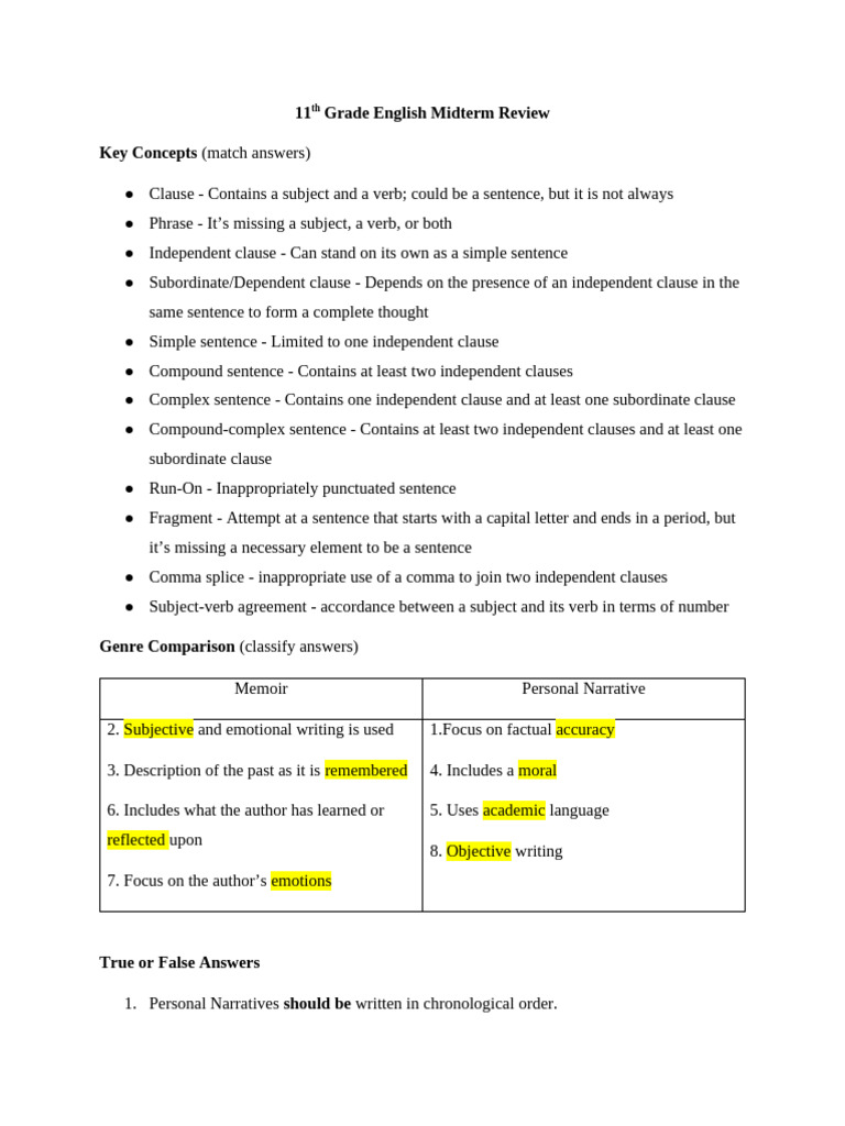 11th Grade English Midterm Review Guide | PDF | Grammar | Language ...