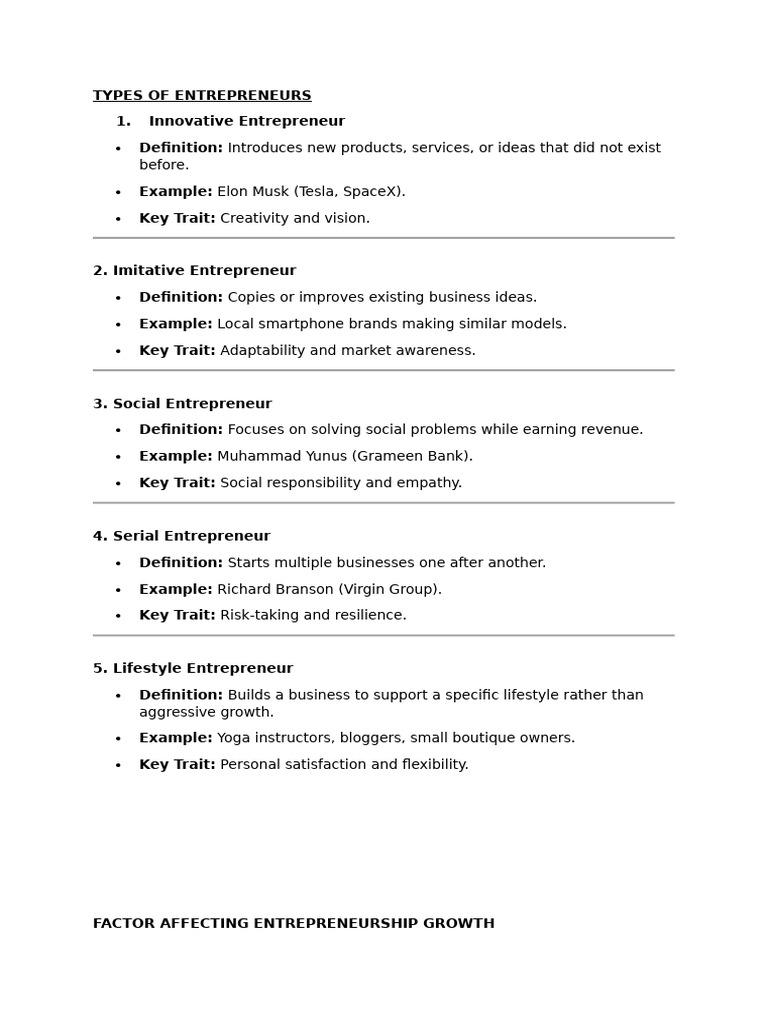 Types of Entrepreneurs and Growth Factors | PDF | Feasibility Study ...