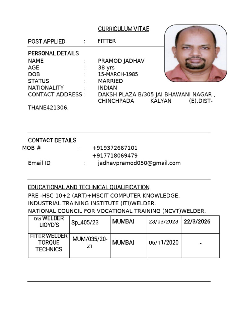 Pramod Jadhav: Experienced Fitter Profile | PDF | Shipbuilding | Ships