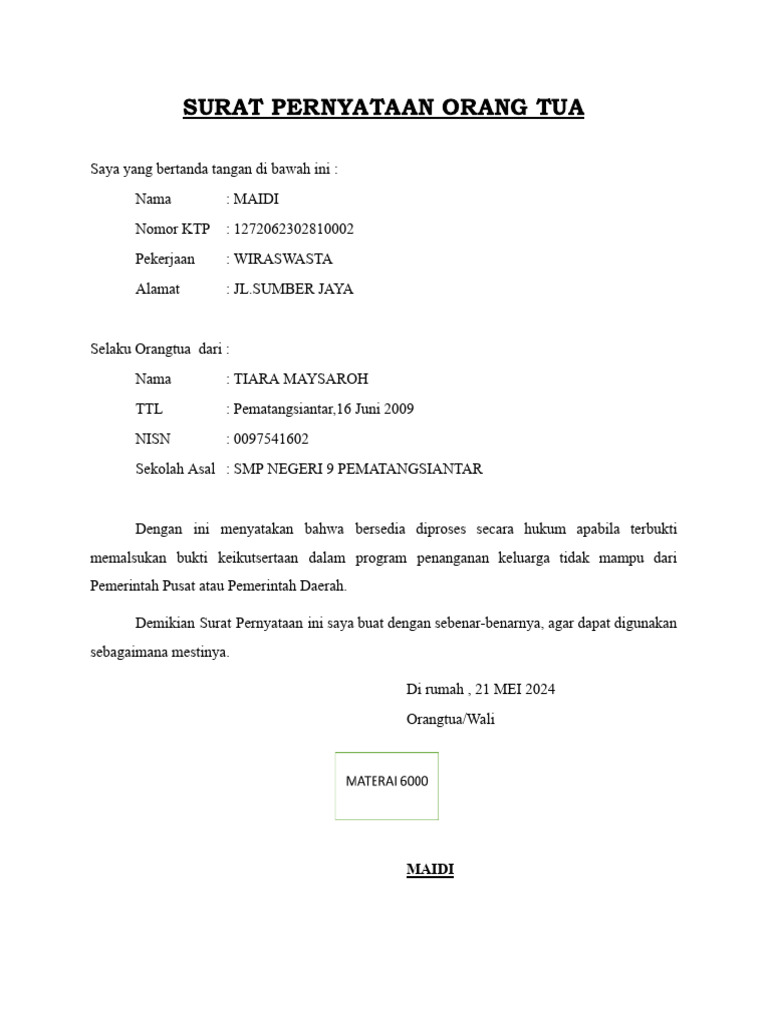 Tiara Maysaroh Format Surat Pernyataan Orang Tua | PDF