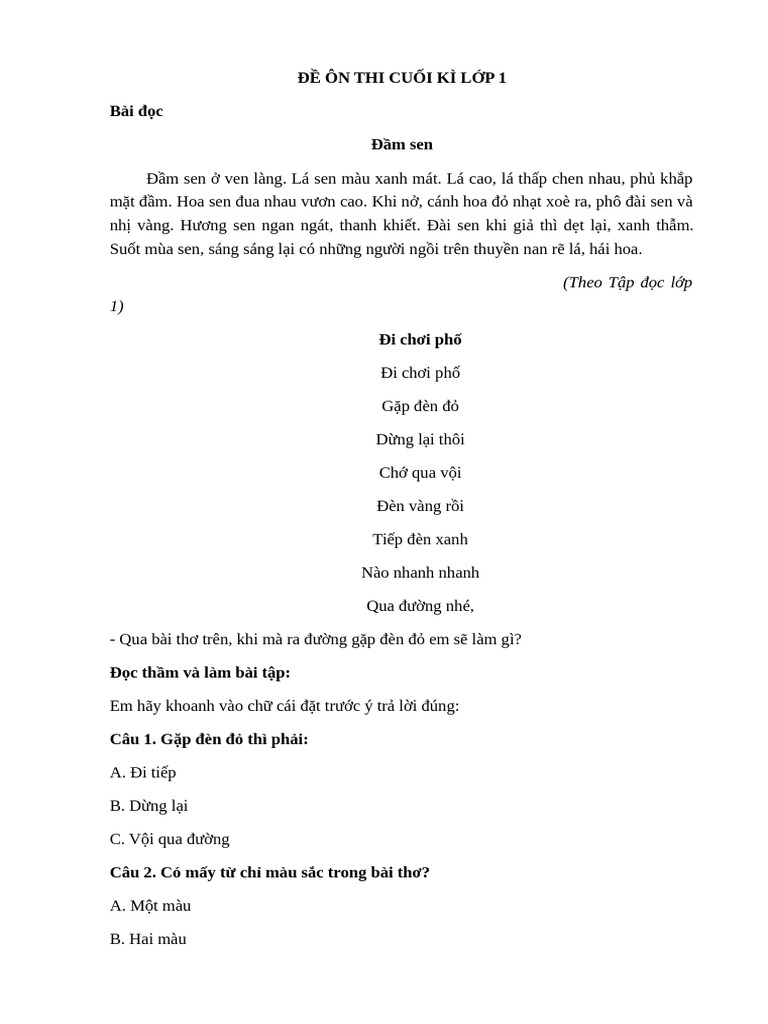 ĐỀ ÔN THI CUỐI KÌ LỚP 1 | PDF
