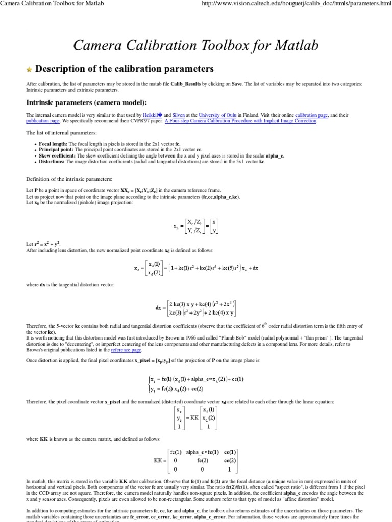 Camera Calibration Toolbox For Matlab | PDF | Matrix (Mathematics) | Pixel